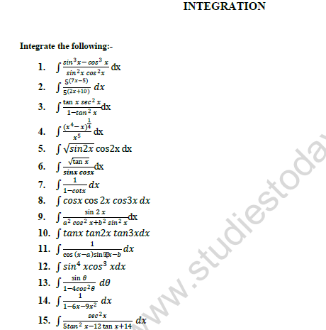 CBSE Class 12 Mathematics Integration Worksheet